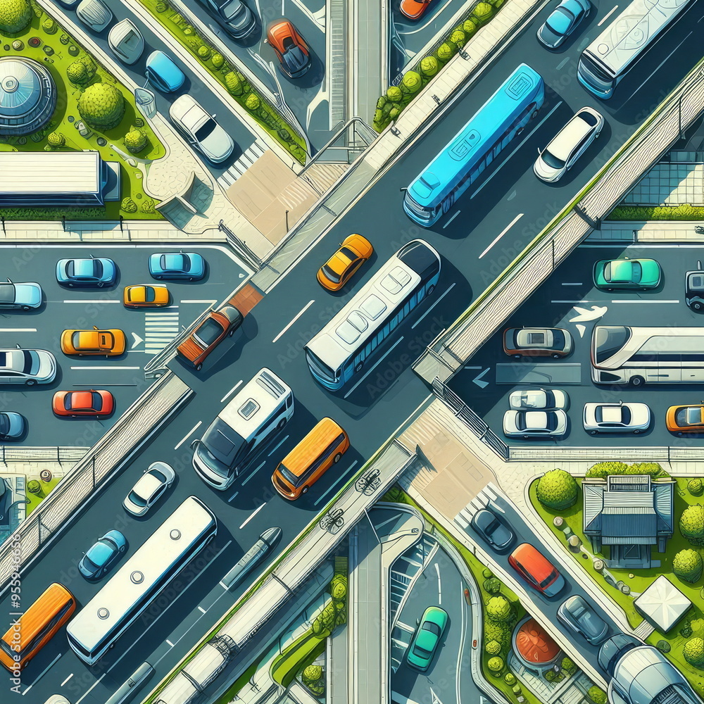 Overhead views of different modes of transport illustration, background ...