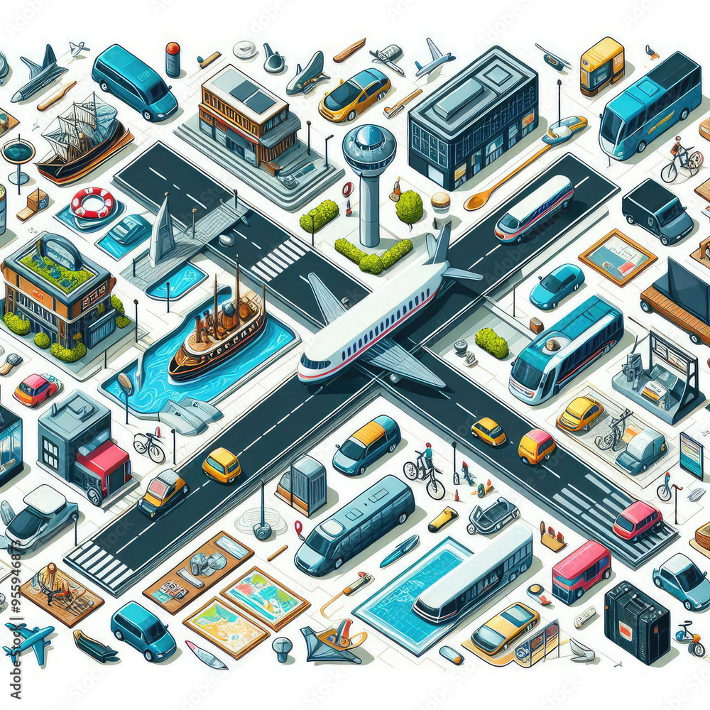 Overhead views of different modes of transport illustration, background ...