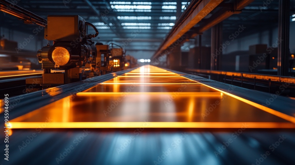 Copper board production line with automated machinery, glowing copper ...