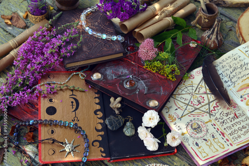 Mystic still life with magic book of spells, crystals and witchy ritual ...