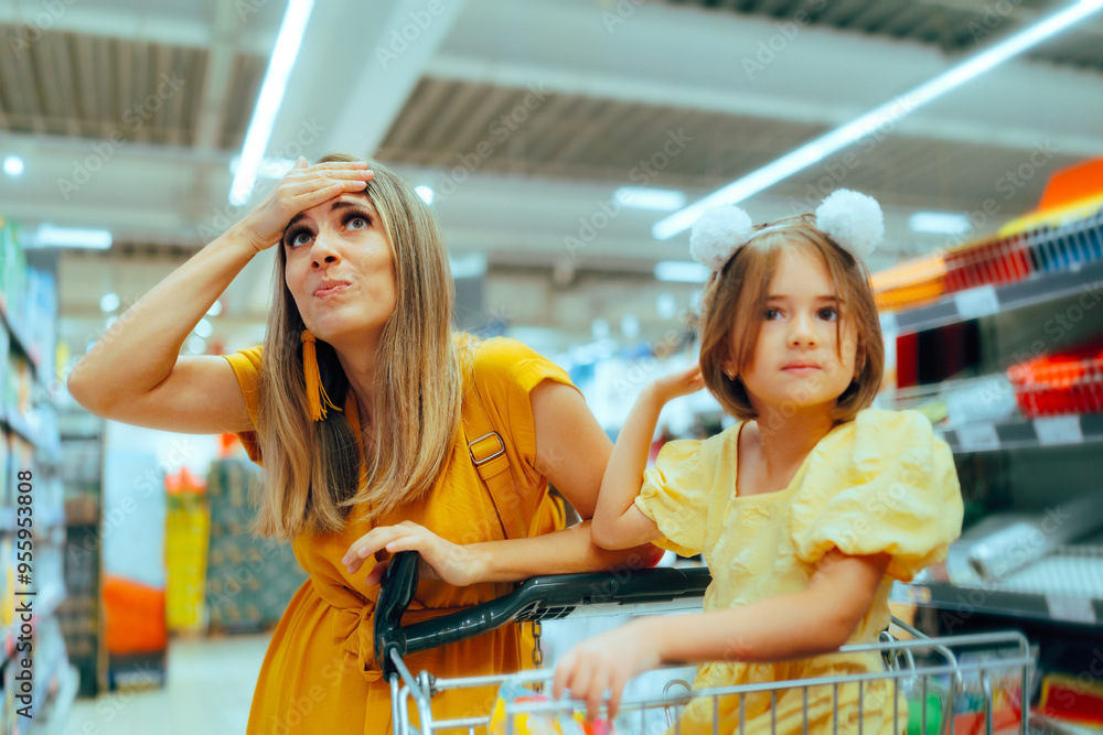 Stressed Mother Feeling Overwhelmed During a Supermarket Shopping Spree ...