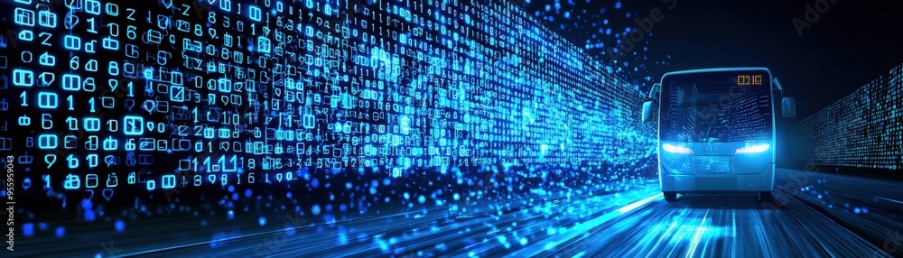 High-tech school bus in a digital world, binary code integration, advanced student ...