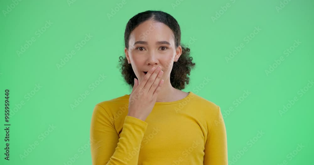 Green screen, face and woman with shock for surprise, announcement and ...