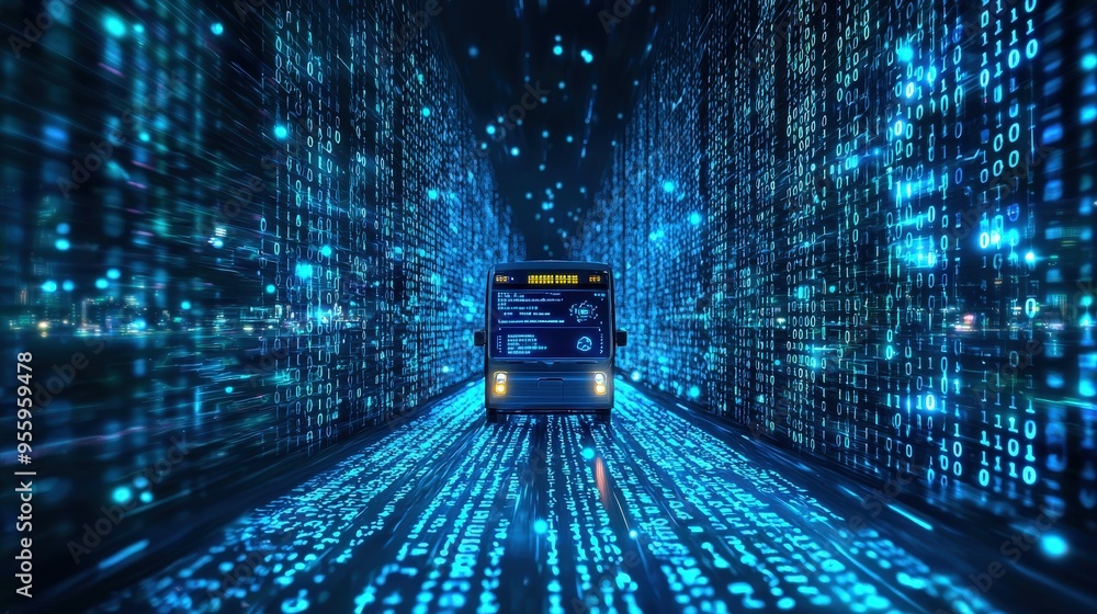 Futuristic school bus navigating binary code, advanced student ...