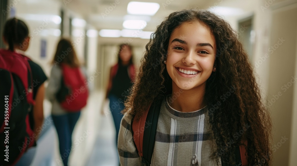 Girl seeing classmate in hall saying hi, turning back to greet someone ...