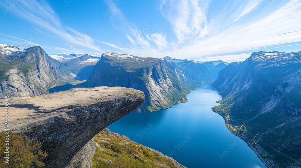 a towering Trolltunga rock renowned for its stunning views, hanging ...