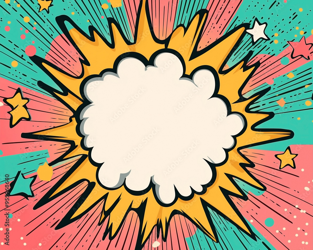 Comic art-style illustration of a bursting pop frame background. with a ...