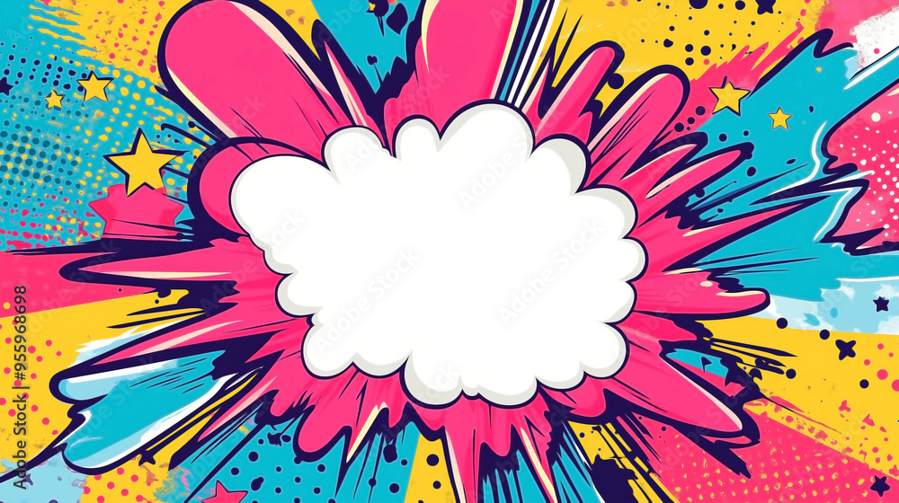 Comic art-style illustration of a bursting pop frame background. with a ...