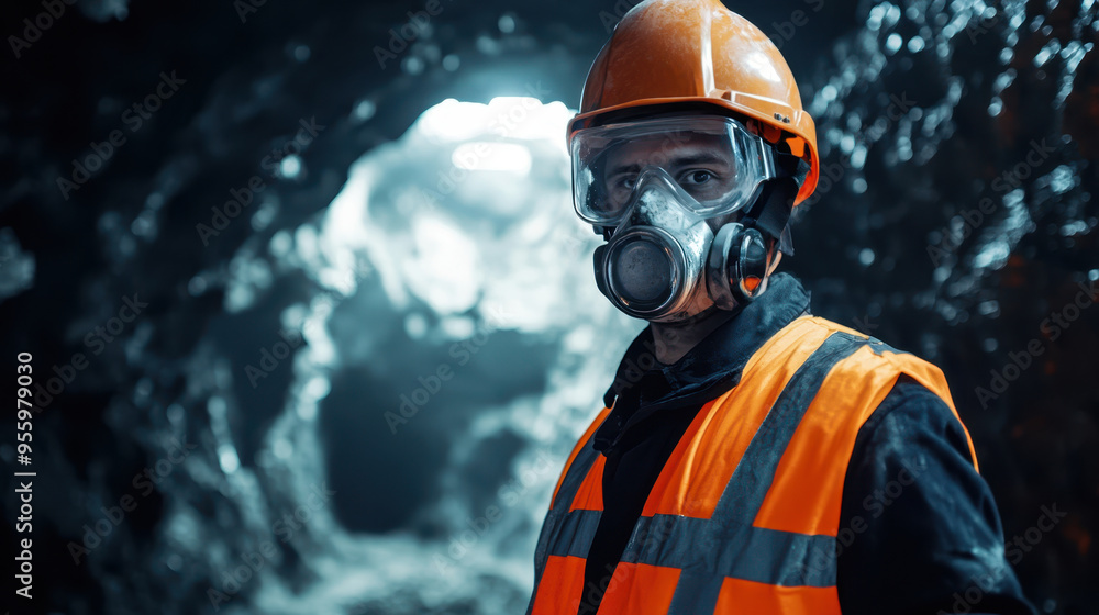 Miner in full protective gear, including helmet and mask, stands ...