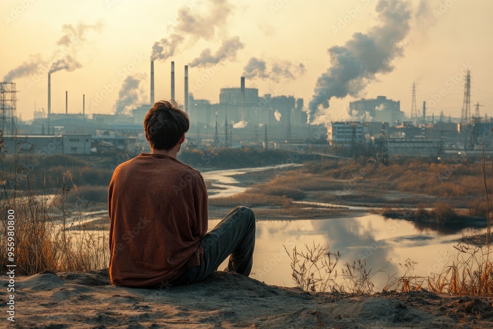 Young man sitting on drying river and looking to polluted city with ...