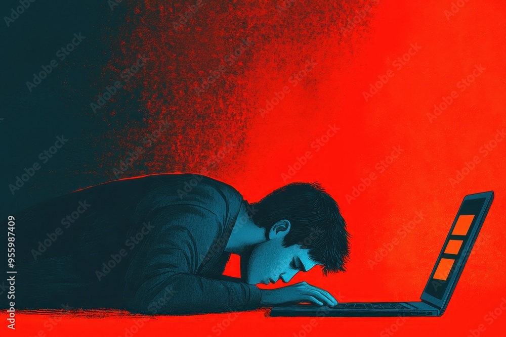 A person slumped over a laptop, with a dark screen and notifications ...