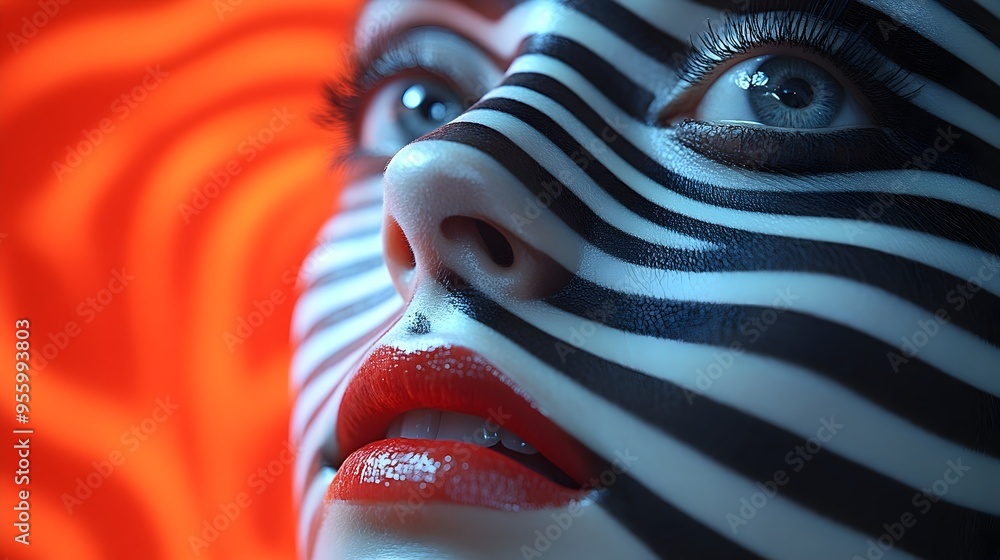 Surreal Portrait with Black and White Stripes on Face and Luminous Eyes ...