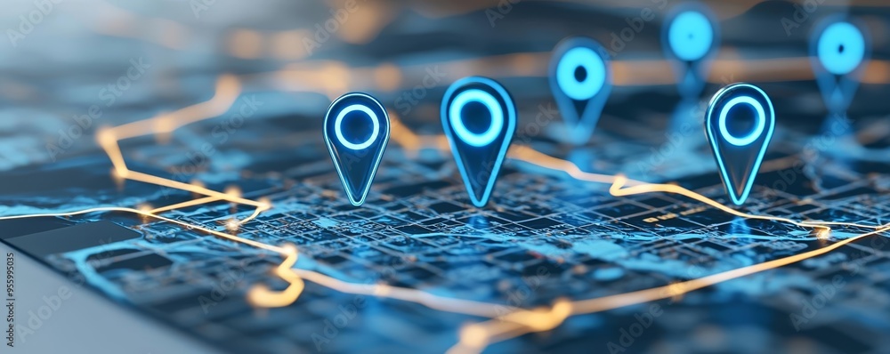 Futuristic map interface with glowing blue location pins connected by dynamic lines ...