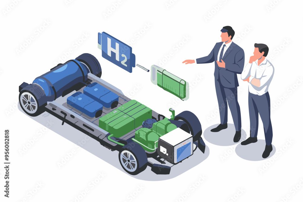 Isometric Hydrogen car schematic showing renewable H2 power source ...