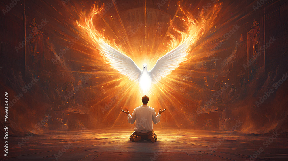 Pentecost concept art Glowing white dove of the holy spirit descending ...