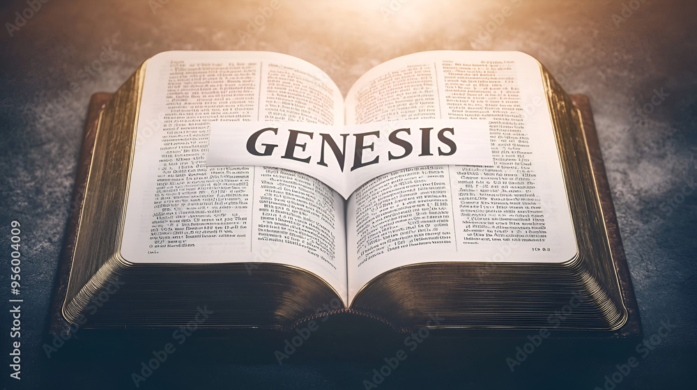 Book of Genesis Open bible revealing the name of the book of the bible in a epic cinematic ...