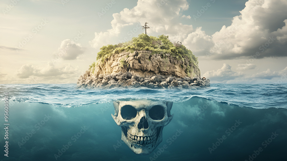 Horror island. Skull shape under the water line. Troubled ocean with ...