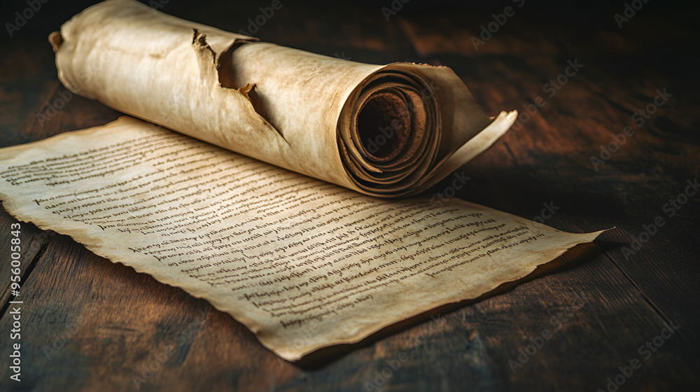 Opened unrolled scroll on a wood surface The Torah also known as the ...