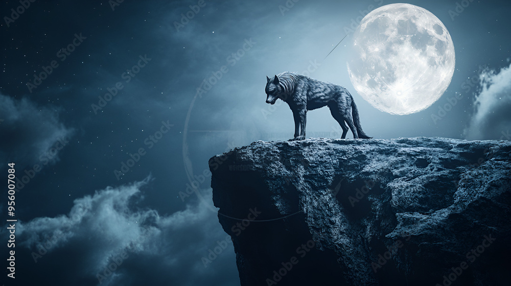 Nightmare Summit. Horror Werewolf Silhouette on Moonlit Stone Cliff ...