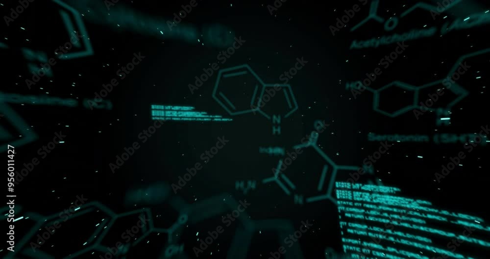 Chemical structures and molecular formulas animation over dark ...