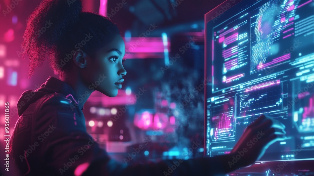 Cyberpunk Visionary: A Black woman immersed in neon-lit code, her ...