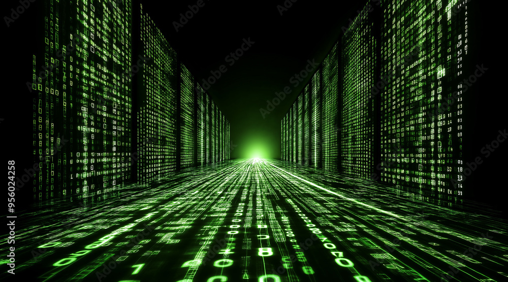 Green binary code networking data matrix streaming tunnel pathway ...
