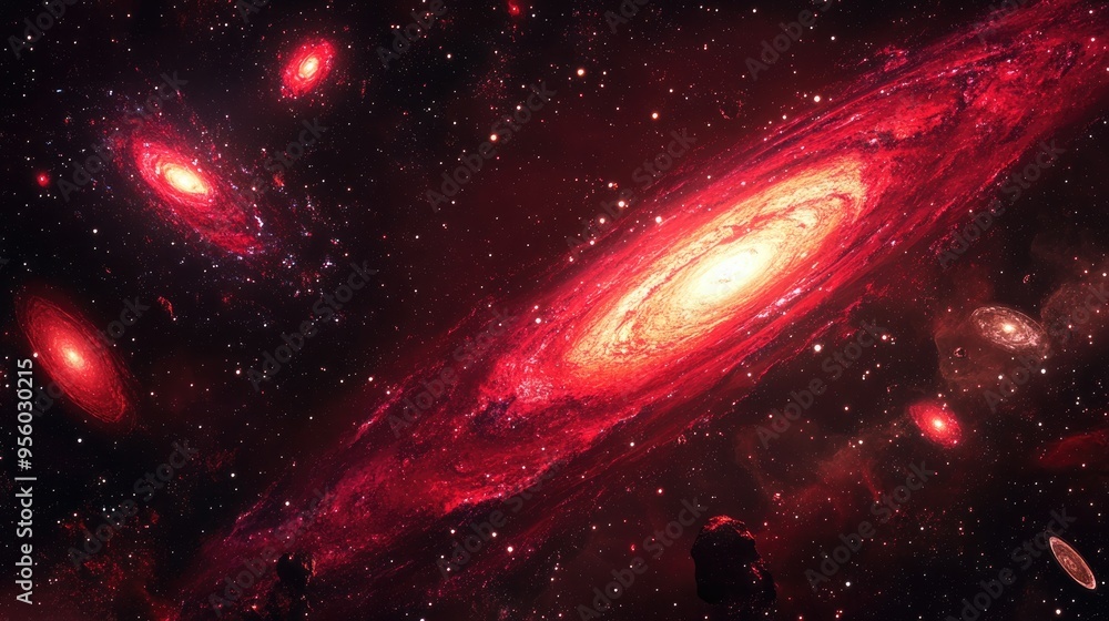 Cartoon rendering in 3D of red galaxies and stars against a starry sky ...