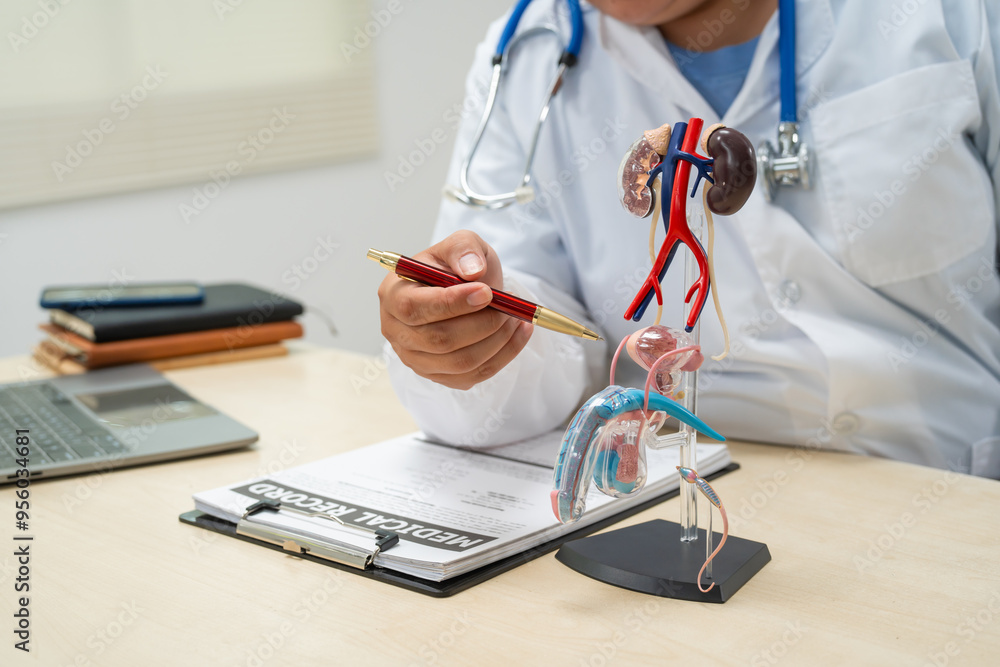 A female doctor sits at her desk in a hospital, examining a male ...