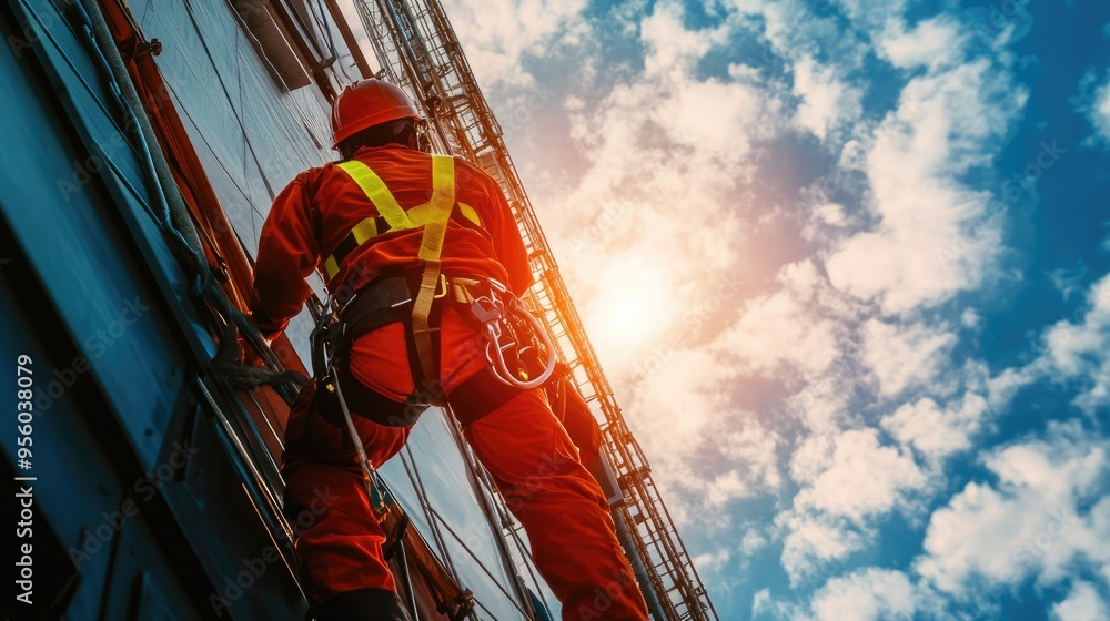 high-rise building maintenance worker performing exterior maintenance ...