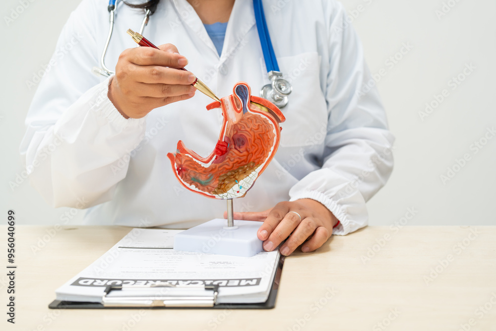A female doctor a hospital desk discussing digestive disorders such as ...
