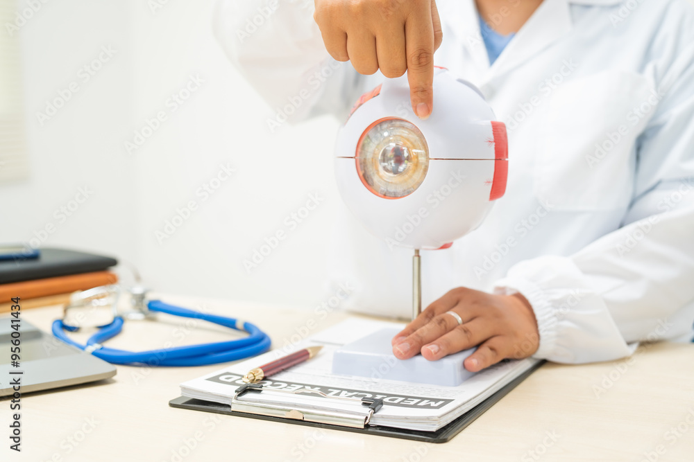 A female doctor at a desk in a hospital, discussing eye diseases such ...
