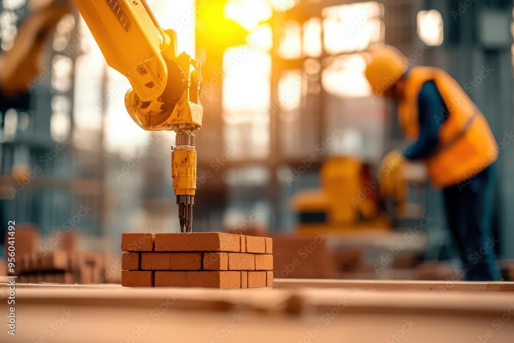 Engineers collaborating with robotic arms for automated bricklaying on ...