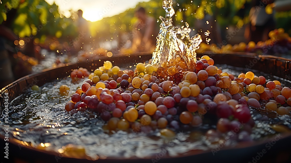 Grape stomping in progress, with multiple people crushing grapes with ...