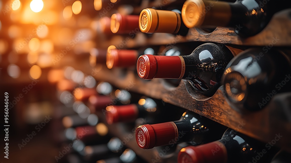 Wine bottles with distinctive labels arranged in a stylish wine rack ...