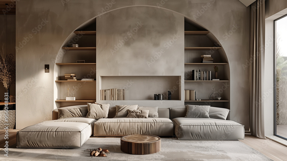 Living room with a sofa and a wall featuring an arched niche with built ...