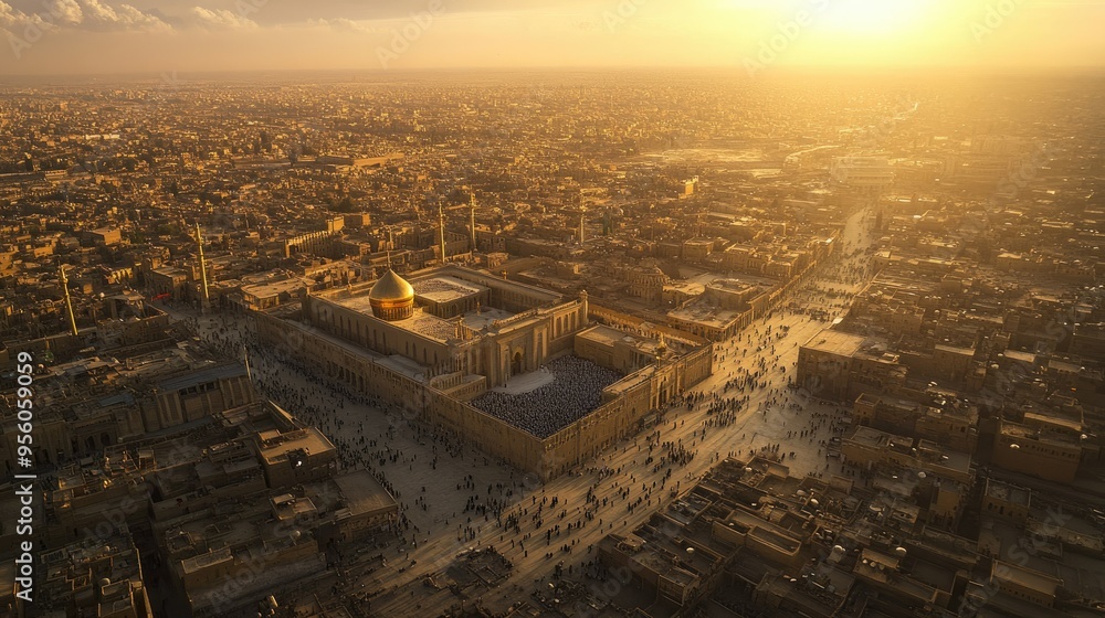 A panoramic view of the historic city of Karbala, with the Imam Hussein ...