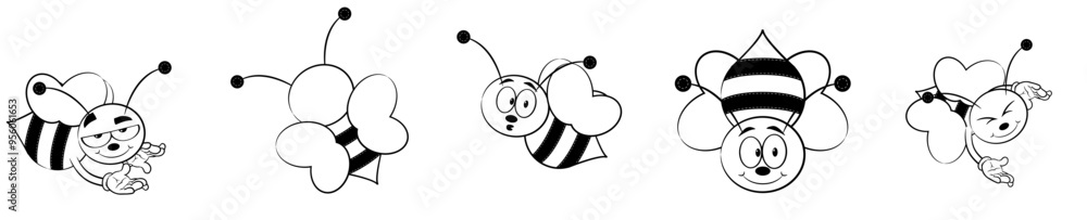 Cute Bee Bundle Trendy Retro Style Illustration, Calligraphy Collection ...