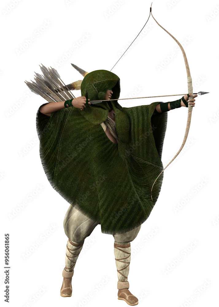 Full body render of a fantasy female huntress. Ranger archer aiming at ...