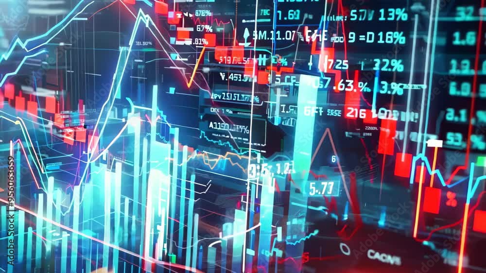A vibrant digital illustration of stock market data with dynamic graphs ...