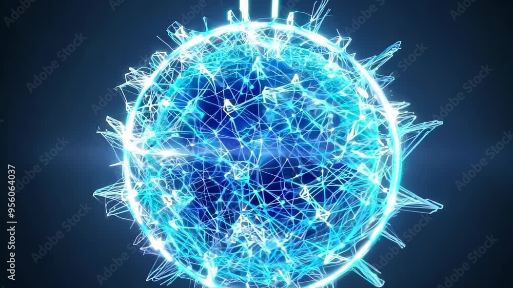 Glowing digital virus particle with spikes floating against a dark ...