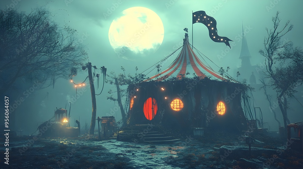 Haunting 3D Rendering of a Sinister Halloween Circus Freak Show Surreal ...