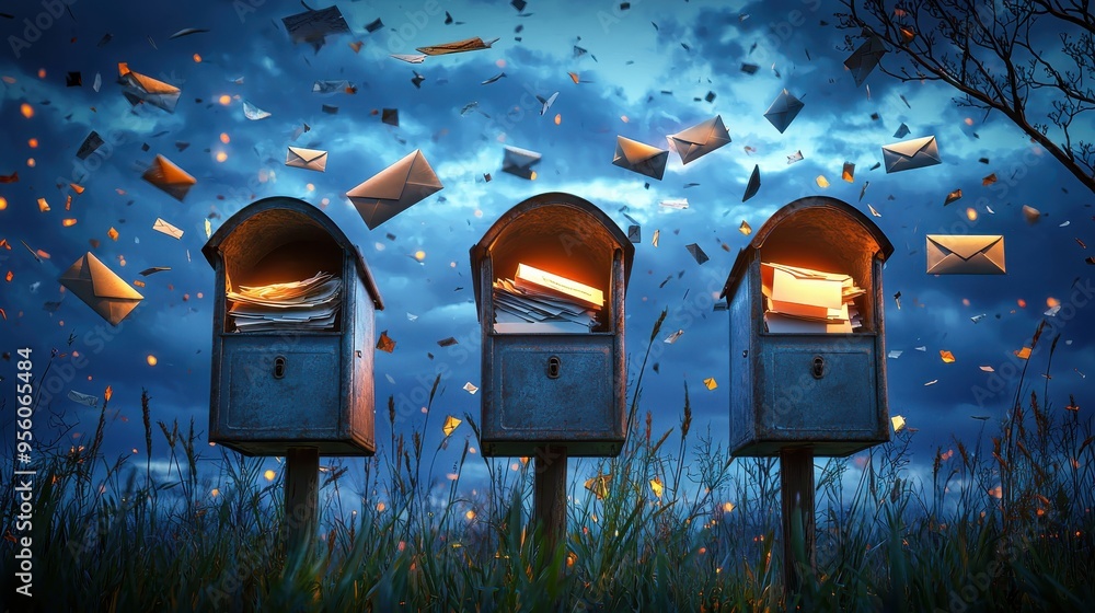 4h three mailboxes in a row each with mail flying into them and neatly ...