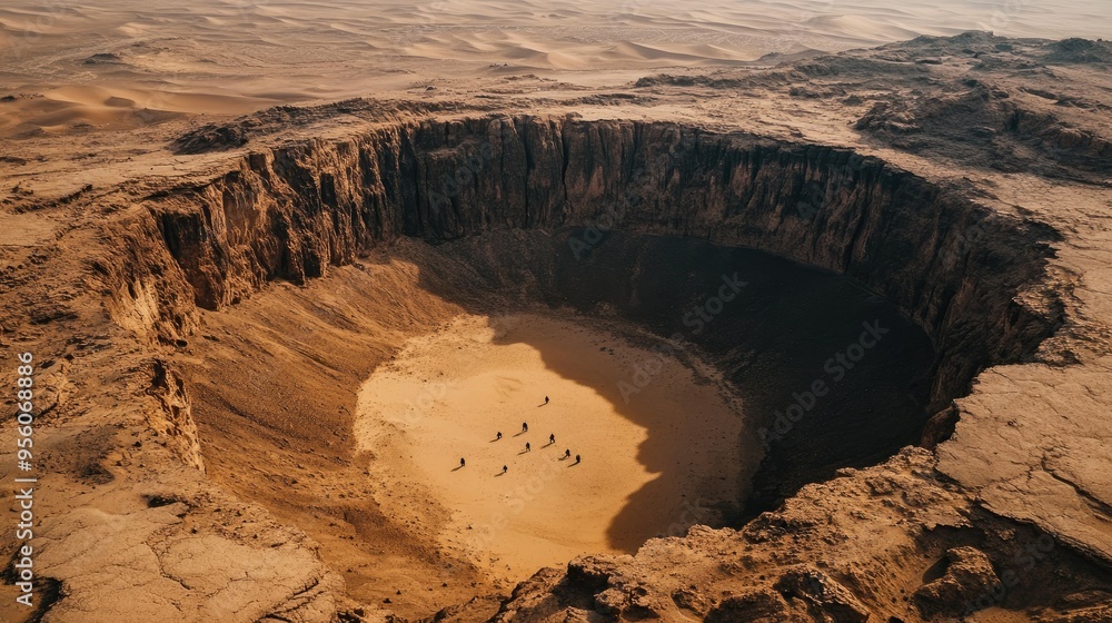Aerial view of the Al Wahbah Crater in the Saudi desert with hikers ...