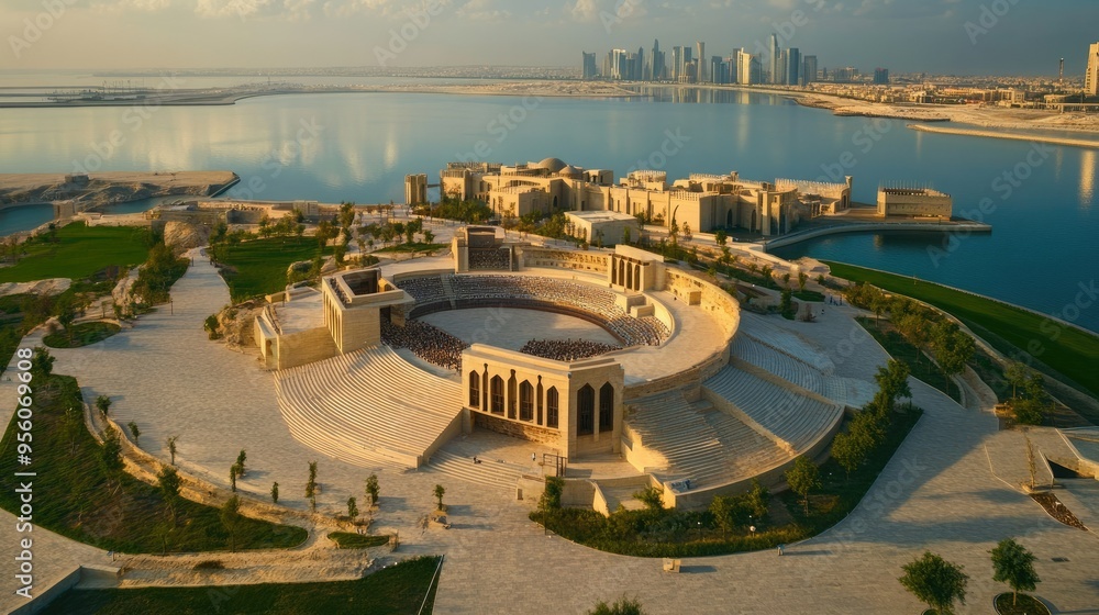 Aerial view of the Katara Cultural Village with its amphitheater and ...
