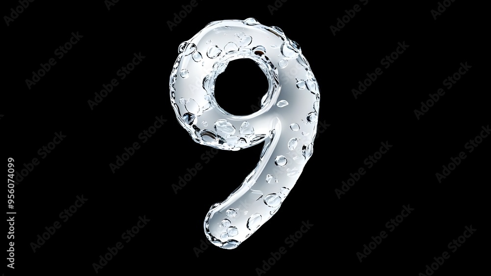A combination of small ice cool water drops into the number "nine ...