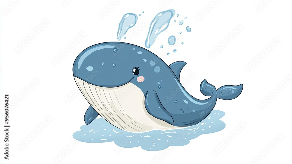 Cartoon whale with a cute expression in the water with water splashes ...