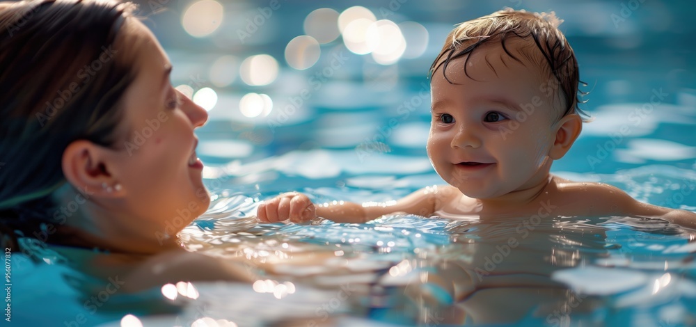 Smiling baby swimming with parent in a pool surrounded by sparkling ...