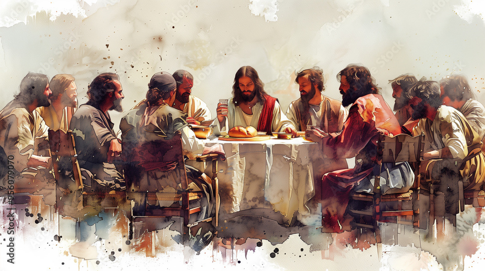 Watercolor depiction of the Last Supper with Jesus and his disciples ...