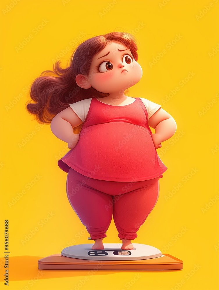 Animated girl in pink outfit looking unhappy while standing on a scale ...