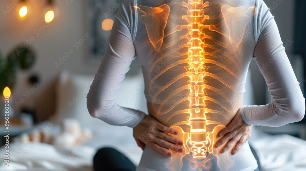 Person with illuminated spine diagram wearing white shirt and holding ...